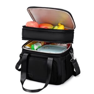 maplelily lunch box for men women - double deck insulated lunch bag, large leak proof tote cooler, wide open dual compartment lunch bags with shoulder strap, for work picnic hiking beach, black