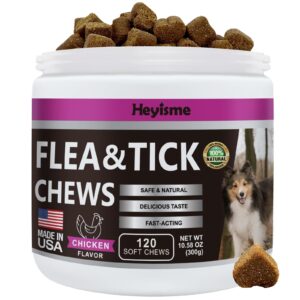 heyisme flea and tick prevention for dogs chewables, natural dog flea and tick control supplement, flea treatment for dogs, oral flea and tick chews treats for all breeds and ages (chicken, 120 chews)