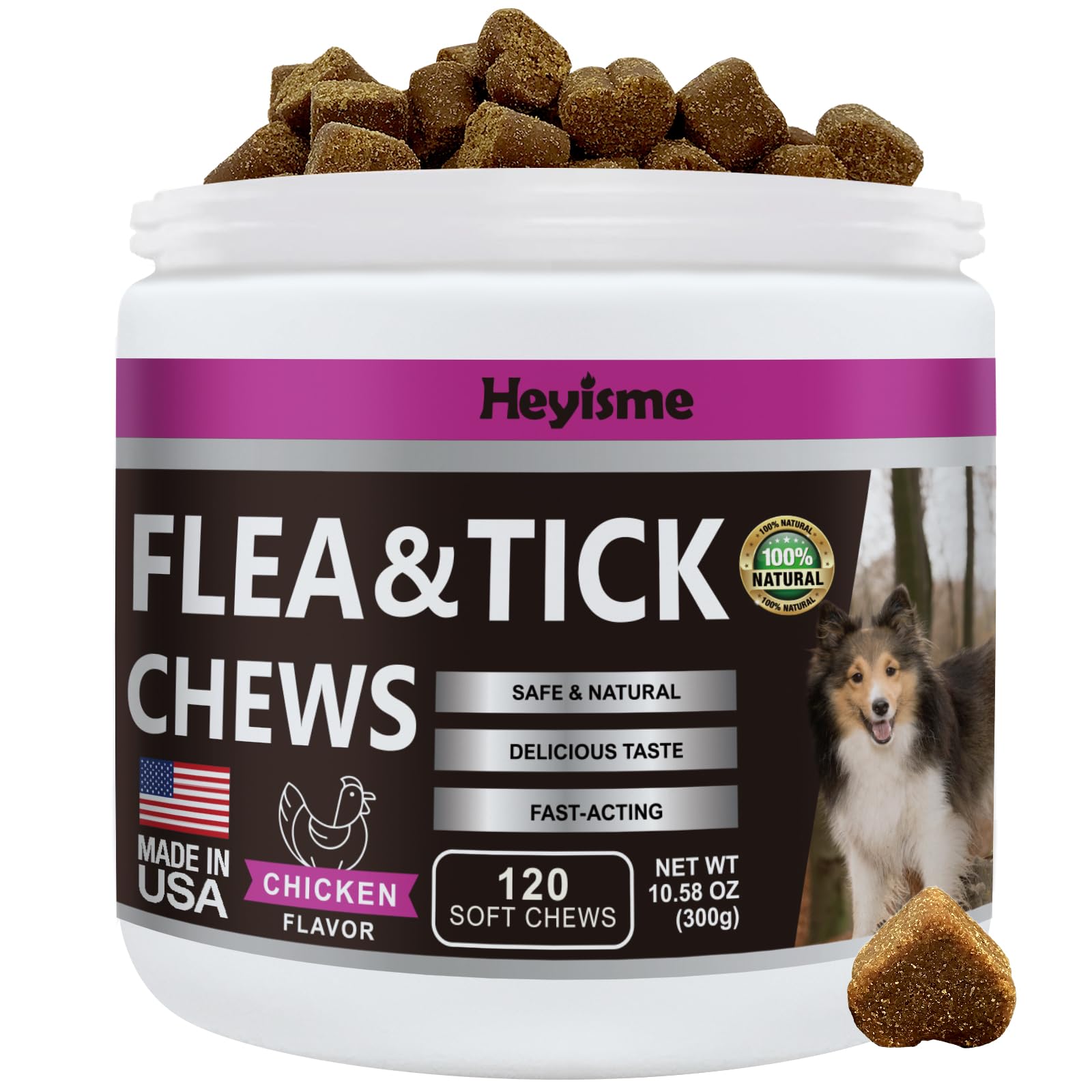 HEYISME Flea and Tick Prevention for Dogs Chewables, Natural Dog Flea and Tick Control Supplement, Flea Treatment for Dogs, Oral Flea and Tick Chews Treats for All Breeds and Ages (Chicken, 120 Chews)