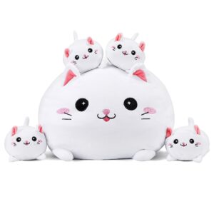 yiiquwen cat plush cute cat stuffed animal with 4 baby soft pillow birthday gift for girls boys kids decor