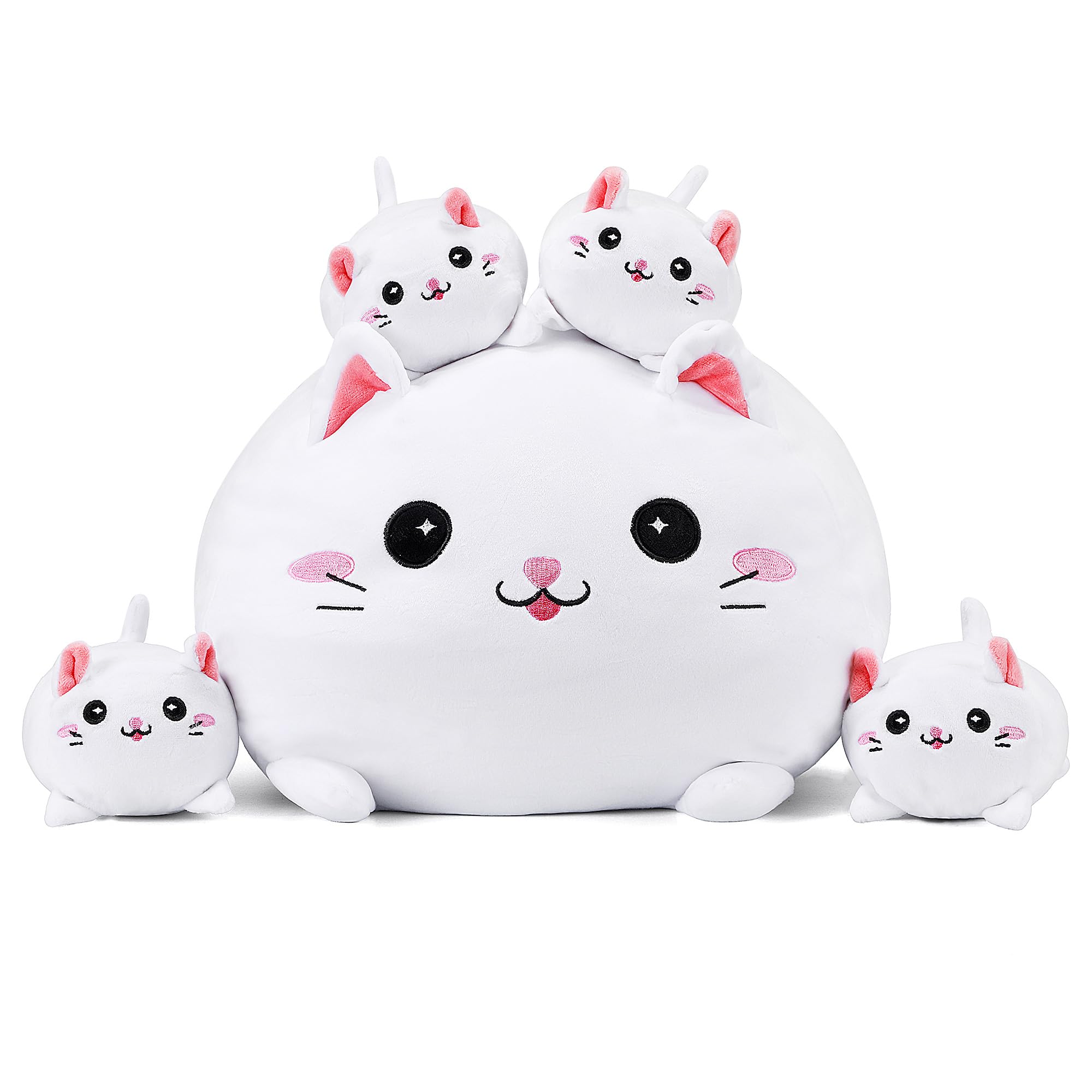 YIIQUWEN Cat Plush Cute Cat Stuffed Animal with 4 Baby Soft Pillow Birthday Gift for Girls Boys Kids Decor