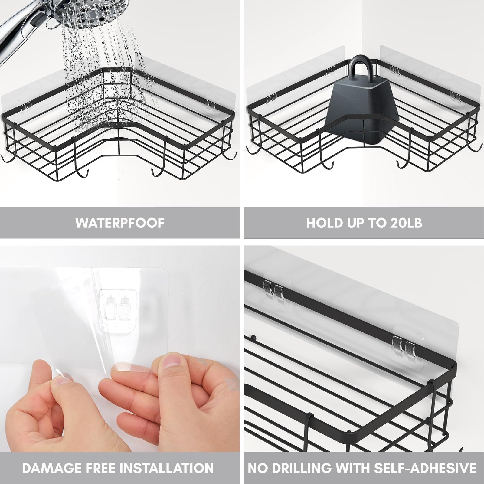 Fixwal Shower Caddy, Bathroom Corner Shower Organizers, Black Shower Shelves for Inside Shower with Soap Caddy & Toothbrush Holder, No Drilling Wall Mount 5-Pack