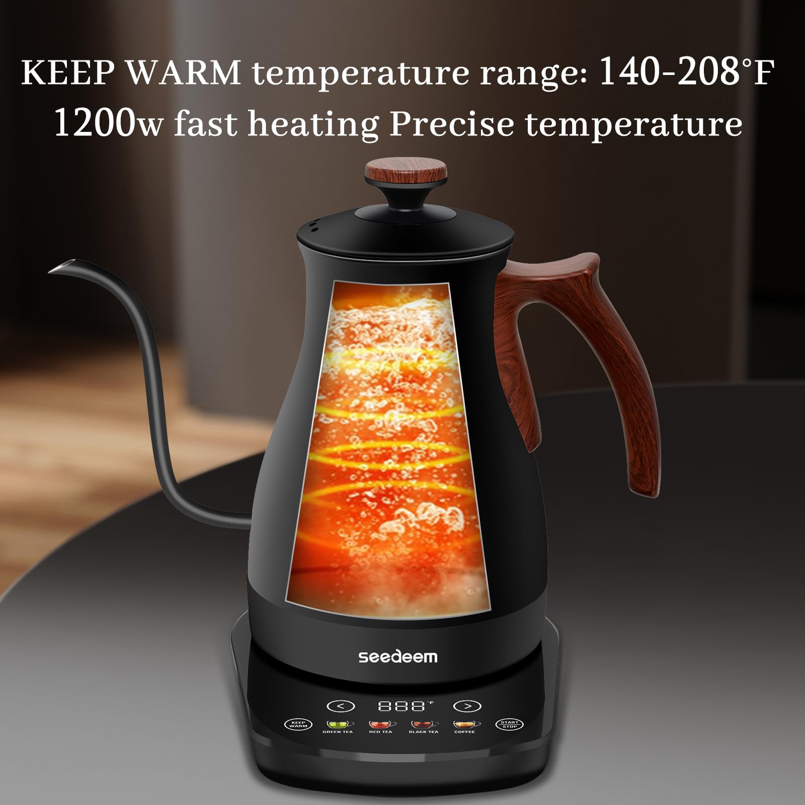 SEEDEEM Gooseneck Electric Kettle Full Touch Screen 1200W Electric Tea & Coffee Kettle with Four Heating Modes Rapid Heating,±1℉ Temperature Control，Keep Warm Mode,3.88oz Electric kettle