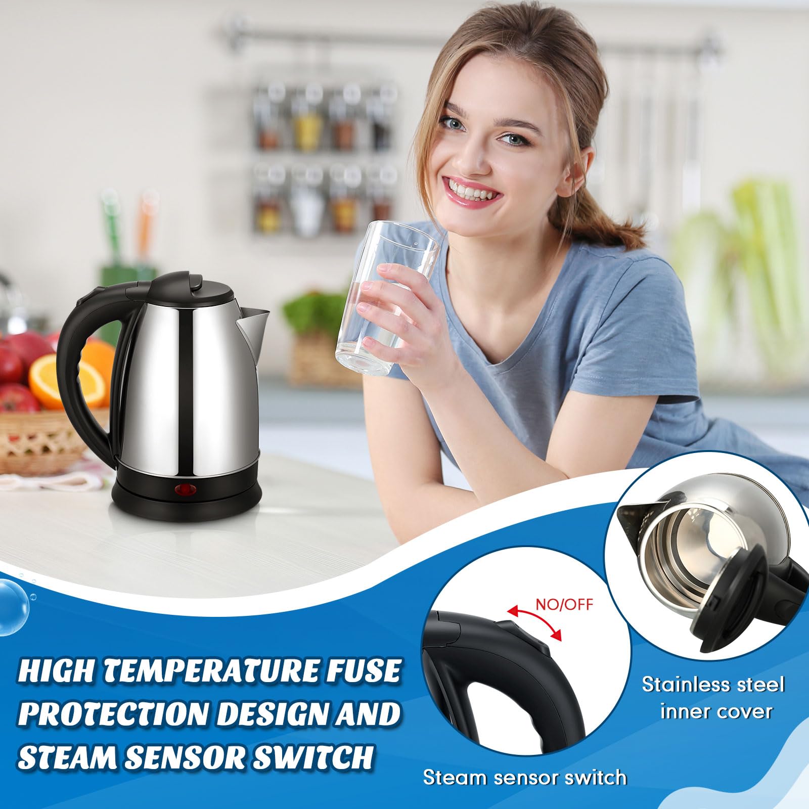 Baquler 2 Pcs 2L Electric Kettle Stainless Steel Hot Water Kettle with Auto Shut Off and Boil Dry Protection Tech Electric Water Heater Hot Water Pot Fast Boil Water Warmer for Coffee Tea Beverages