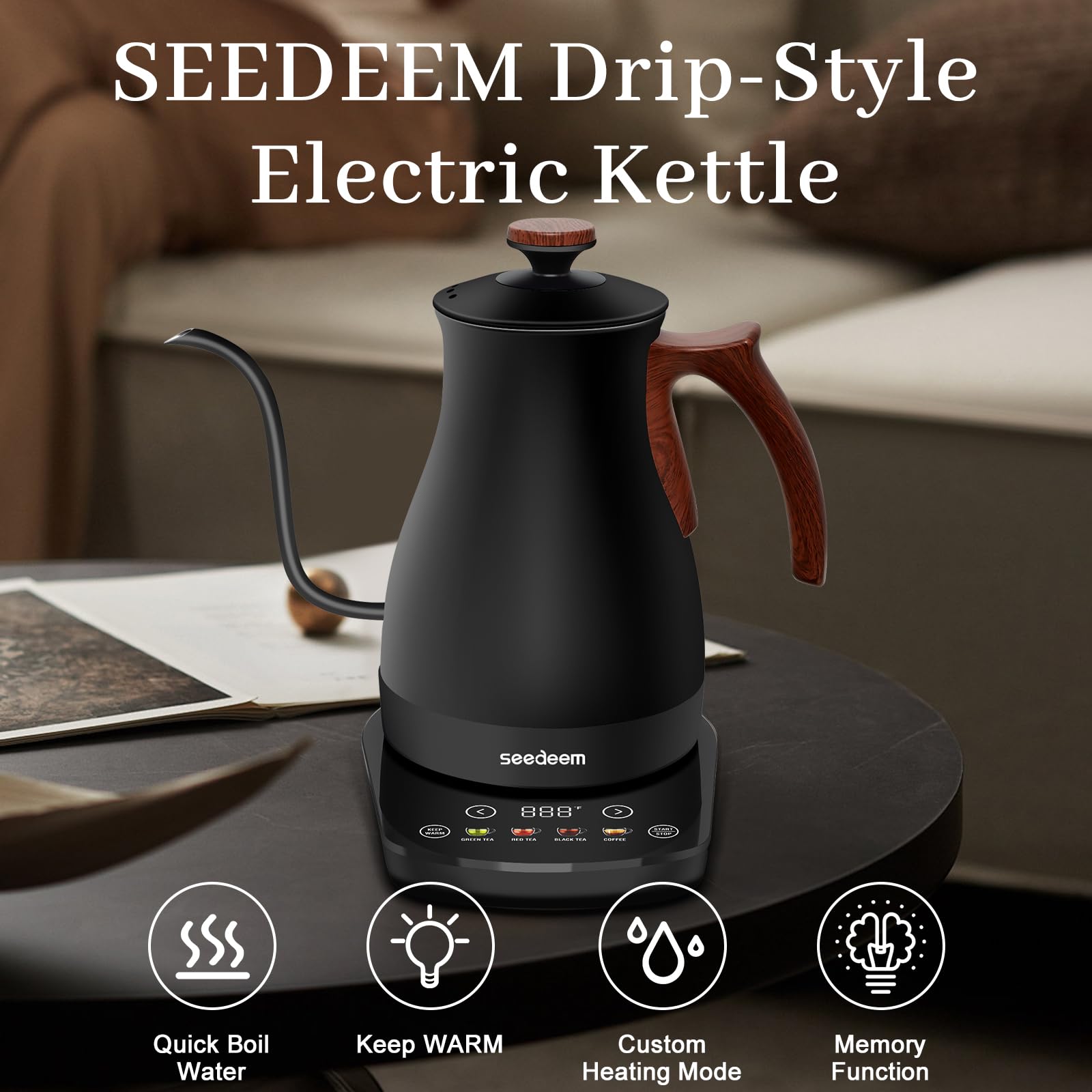 SEEDEEM Gooseneck Electric Kettle Full Touch Screen 1200W Electric Tea & Coffee Kettle with Four Heating Modes Rapid Heating,±1℉ Temperature Control，Keep Warm Mode,3.88oz Electric kettle