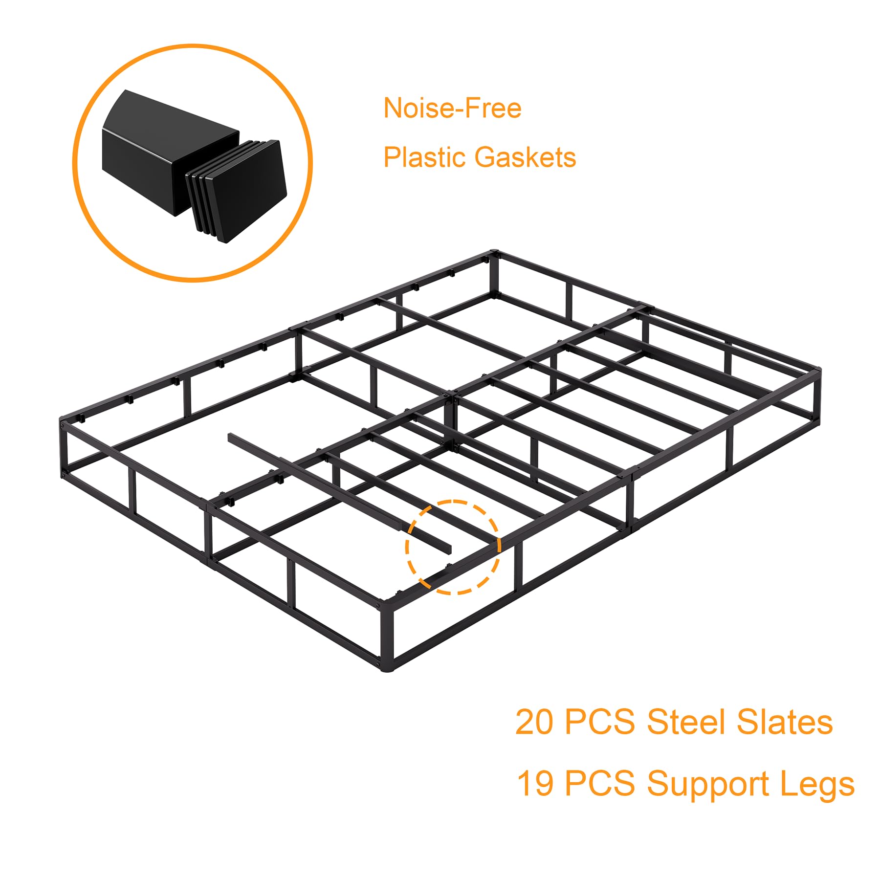 Bednowitz Full Bed Frame Low to Ground, 7 Inch High Profile Metal Box Spring with Fabric Cover Set, Heavy Duty Noise-Free Mattress Foundation, Easy Assembly