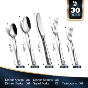 KINGSTONE Flatware Set, 30 Piece Luxury Silverware Set for 6, 18/10 Stainless Steel Cutlery with European Design, Pure Hand Mirror Polished, Dishwasher Safe