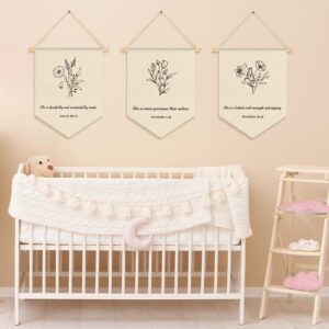 VitalCozy 3 Pcs Nursery Scripture Bible Verse Christian Botanical Decor Canvas Hanging Pennant Flag Banner Floral Wall Signs for Bedroom Playroom Front Door Kids Baby Boy Girl Birthday Christmas Gift