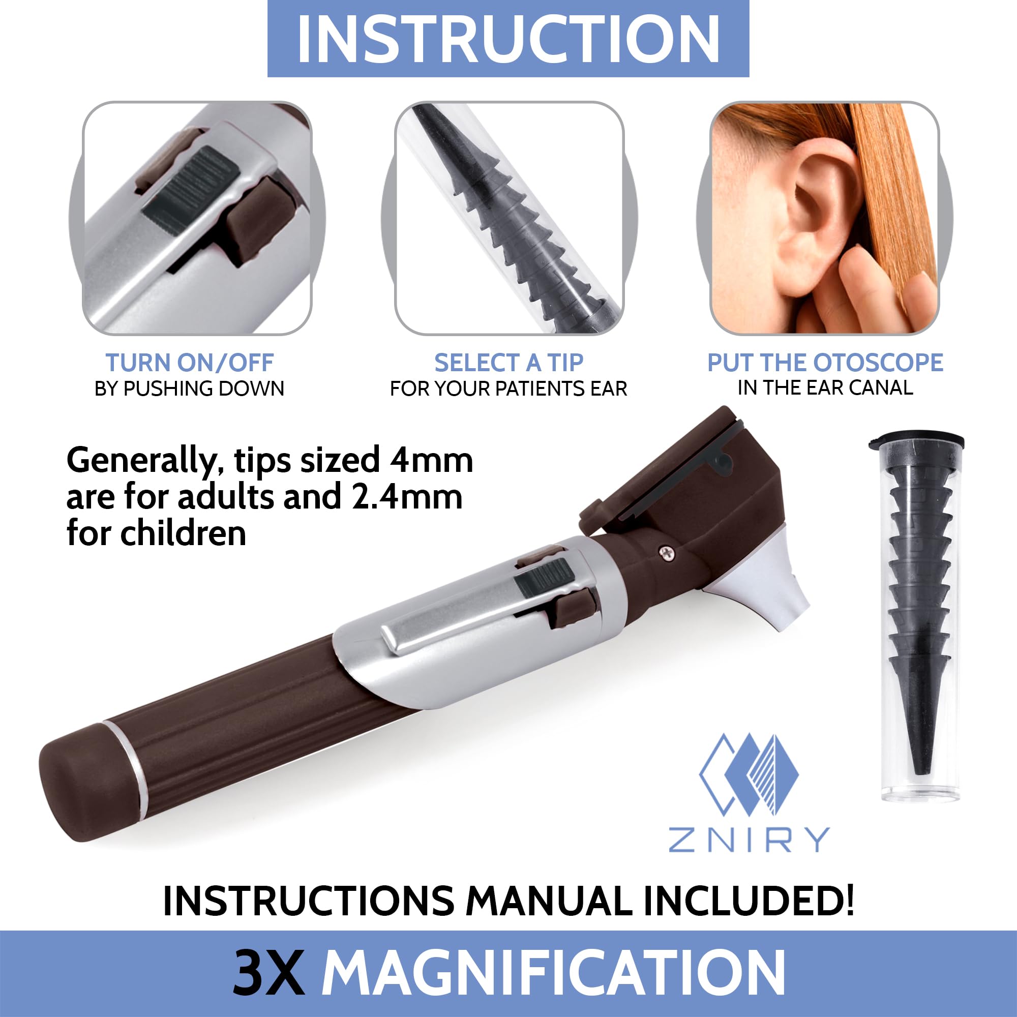 Zniry Fiber Optic Mini Otoscope - Ear Scope with Light, Ear Infection Detector (Chocolate Color) Reguler