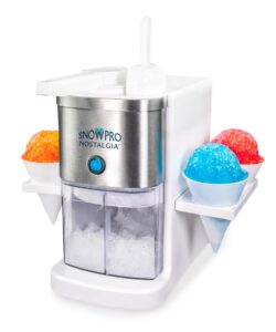 nostalgia snowpro electric shaved ice & snow cone maker 64-ounce ice shaving capacity, 4 reusable cones, side shelves, and scoop included