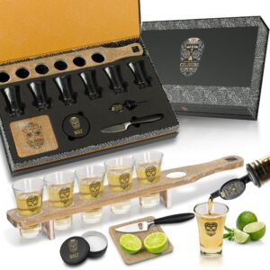 don paragone calavera tequila shot board set - fine oak wood shot glass holder tray with 6 tequila shot glasses, cutting board, lime knife, salt tin, bottle pourer - tequila gifts for tequila lovers