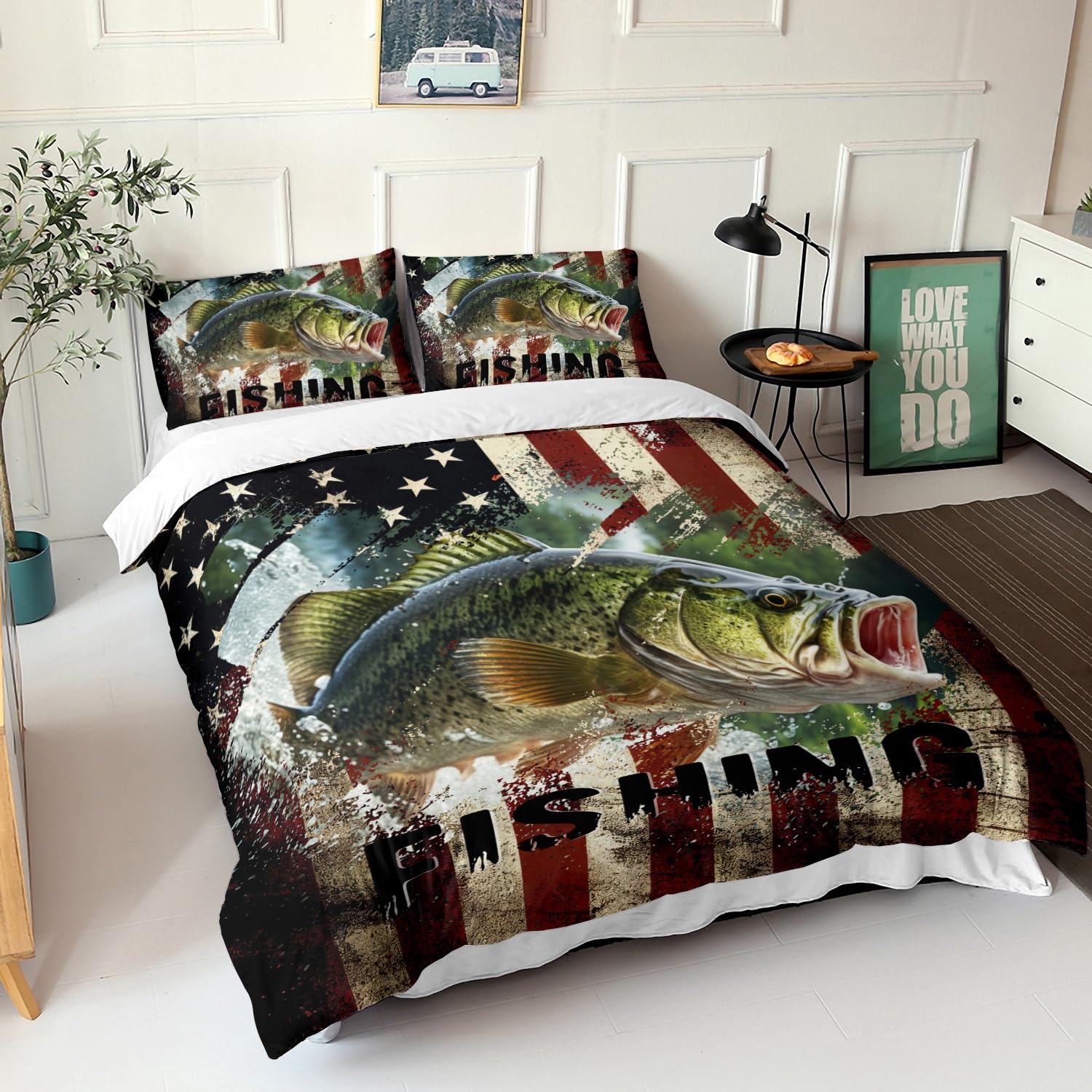 AILONEN Big Pike Fishing Duvet Cover for Boys Teen King Size, Bass Fish American Flag Pattern Bedding Set,Hunting and Fishing Comforter Cover,3 Pieces,1 Quilt Cover and 2 Pillowcases