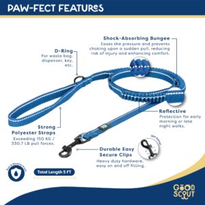 Good Scout 5' Heavy Duty Bungee Leash for Small Dogs, Durable Walking & Training Leash for Puppies & Adult Dogs, D-Ring for Waste Bag Storage, Blue