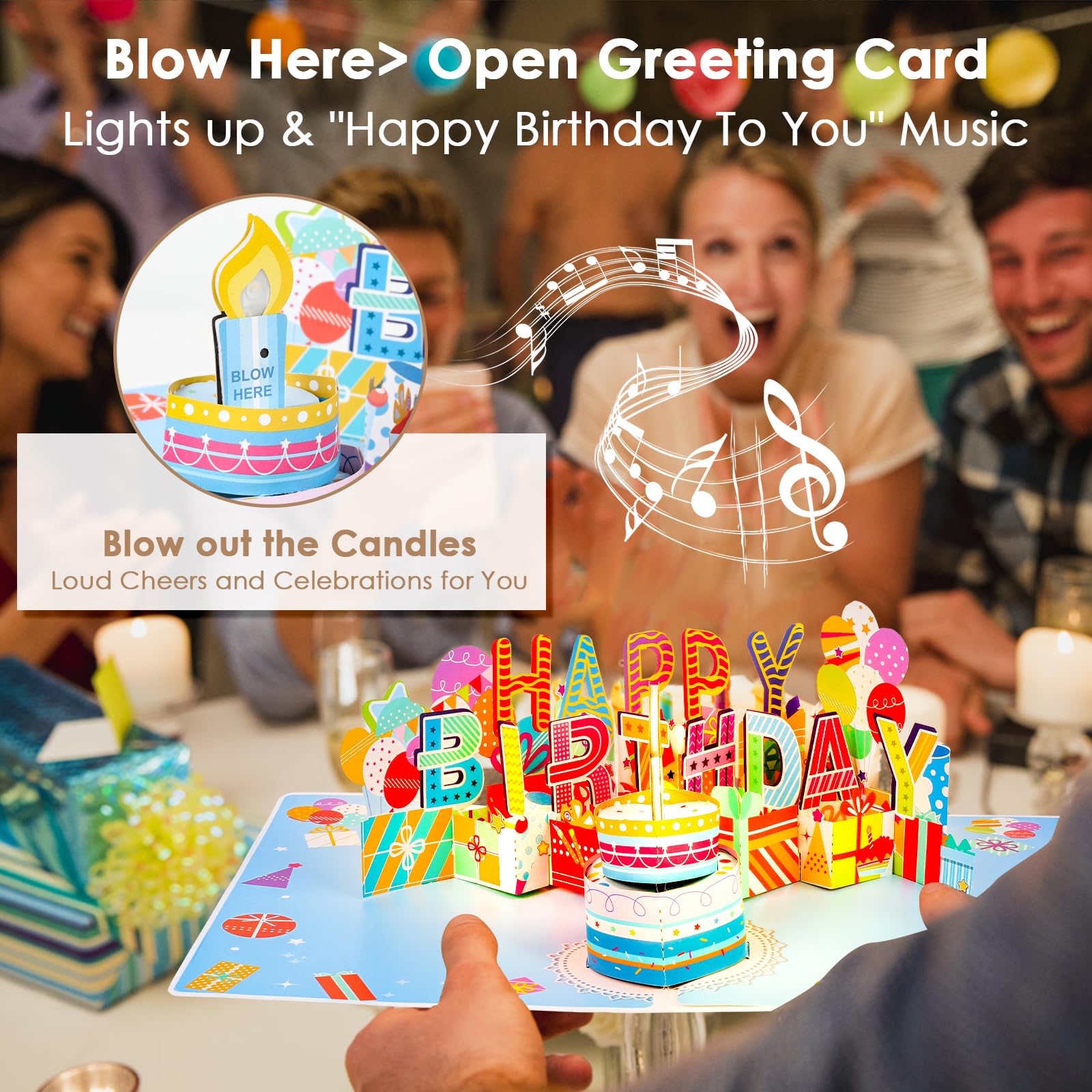 ZOEDO 3D Musical Birthday Pop Up Card, Blow Out LED Light Candle & Music Happy Birthday Card Birthday Greeting Cards with Blank Note Card and Envelope for Kid Husband, Men, Women, Mom