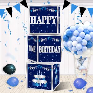 turypaty 3 packs blue birthday decorations boxes for men boys, blue silver happy birthday balloons boxes party supplies, 16th 18th 21st 30th 40th 50th 60th bday cardboard box decoration