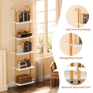 SUPERJARE 5-Tier Bookshelf, Narrow Book Shelf Set of 2, Open Wall-Mounted Ladder Shelf with Metal Frame, Display Bookcase for Home Office, Bedroom, White & Gold