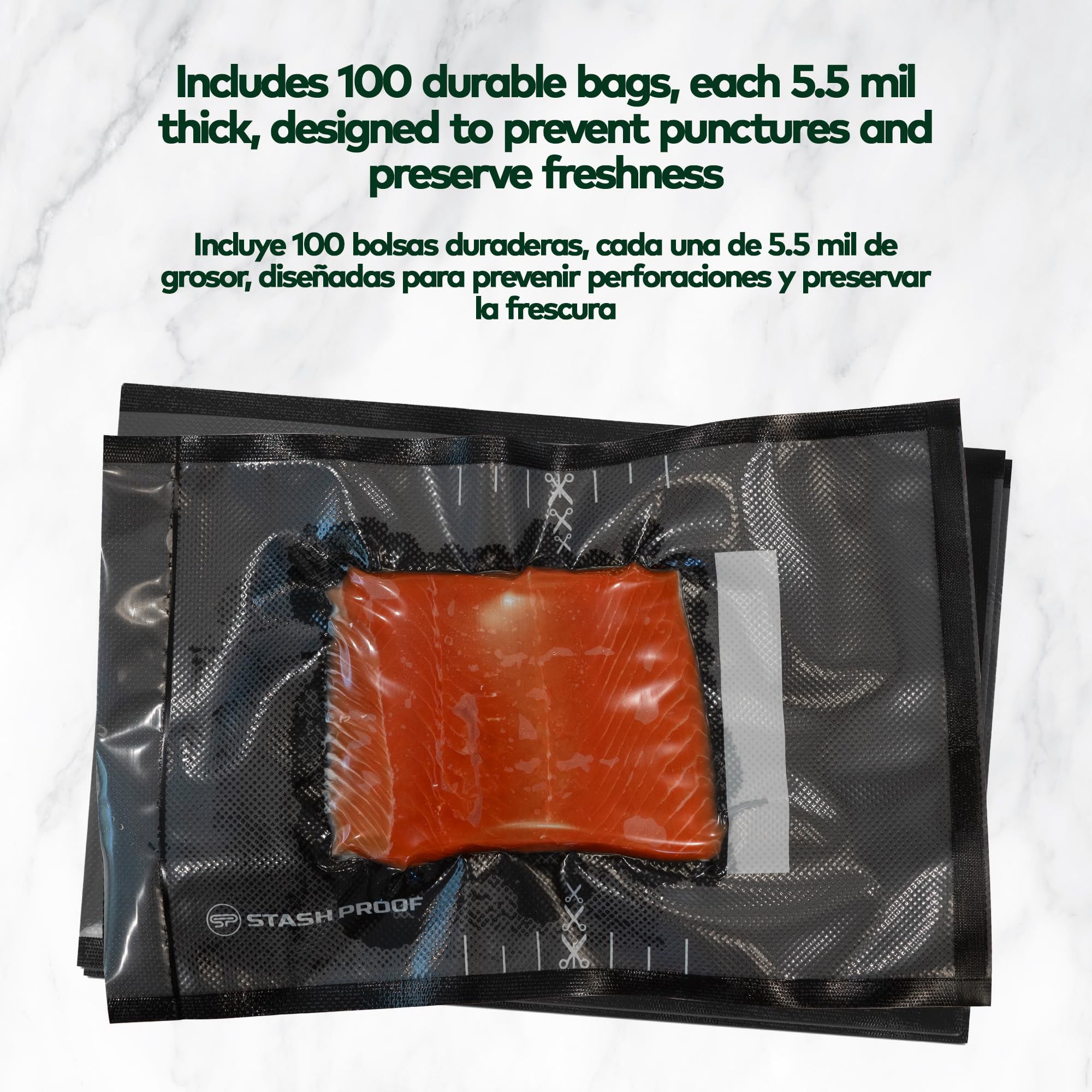 Stash Proof Vacuum Seal Bags 8" x 12" (100 Count) 5.5 Mil (Black and Clear) - BPA Free Commerical Grade Food Saver for Storage, Sous Vide, and Meal Prep Sealer Bag