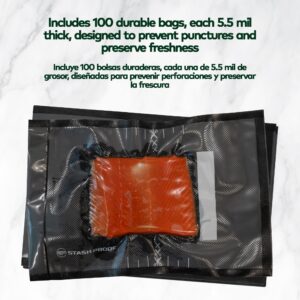 Stash Proof Resealable Zipper Vacuum Seal Bags 8" x 12" (100 Count) 5.5 Mil (Black and Clear) - BPA Free Commerical Grade Food Saver for Storage, Sous Vide, and Meal Prep Sealer Bag