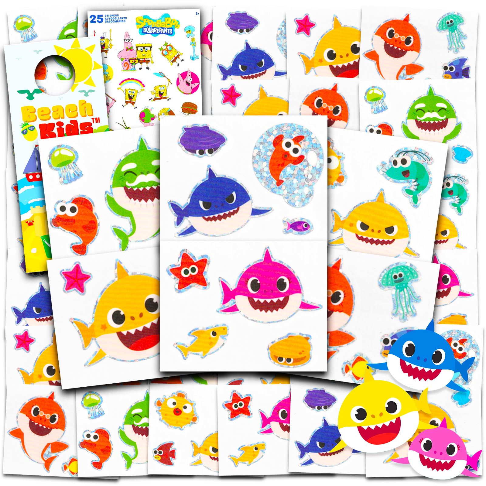 Baby Shark Temporary Tattoo Set - Baby Shark Party Favors Bundle with 96 Temporary Tattoos Plus Bonus Spongebob Stickers (Baby Shark Party Supplies)