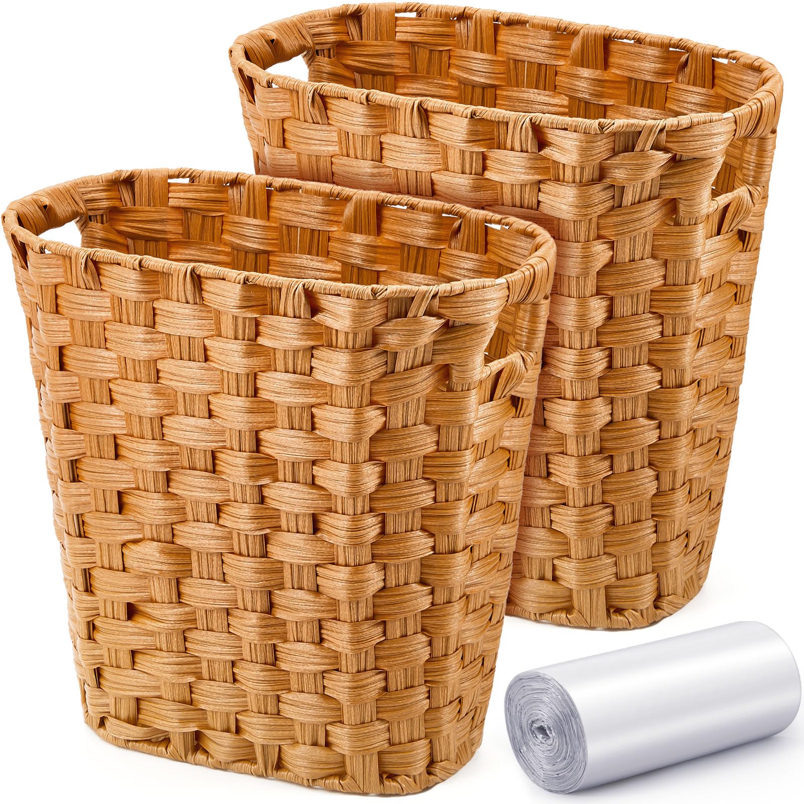 Ziliny 2 Pcs Wicker Trash Can with 50 Small Trash Bag Wicker Waste Woven Basket with Handles Clear Multi Use Garbage Bags for Bathroom Kitchen Bedroom