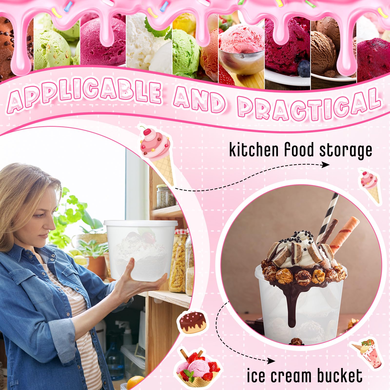 12 Pcs 1 Gallon Ice Cream Buckets with Lids 135 oz Round Plastic Bucket Food Storage Containers Cocktail Rum Buckets for Drinks Freezer Safe Ice Cream Tubs for Deli Soup Meal Flour (Light Color)