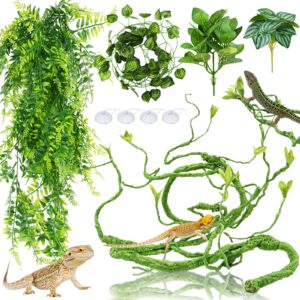 bearded dragon tank accessories for habitat, quozuo terrarium hanging plants artificial leaves reptile hide, leopard gecko tank accessories snake hide terrarium decor for lizard geckos chameleon