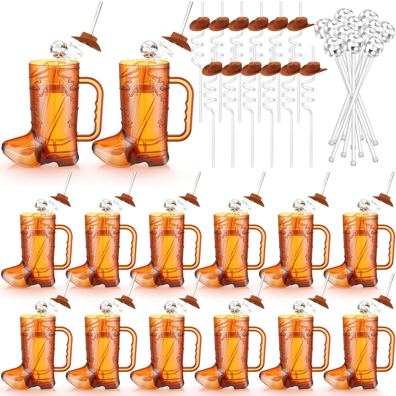 Ziliny 36 Sets 17 oz Cowgirl Boot Mug Cups including 12 Cowgirl Drink Mugs 12 Cowgirl Hat Straws 12 Mirror Disco Ball Stirrers for Western Theme Bachelorette Birthday Party Favors (Brown)