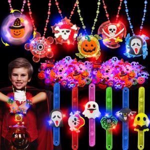 62 pcs halloween party favors for kids rotating fidget spin light up necklaces led bracelets flash rings halloween toys glow in the dark halloween party supplies gift halloween treat goodie bag filler