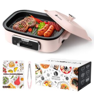 ventray electric skillet with lid indoor electric grill, nonstick cooking surface for frying, sauteing, simmering and braising, adjustable temp portable korean bbq grill with removable griddle plate