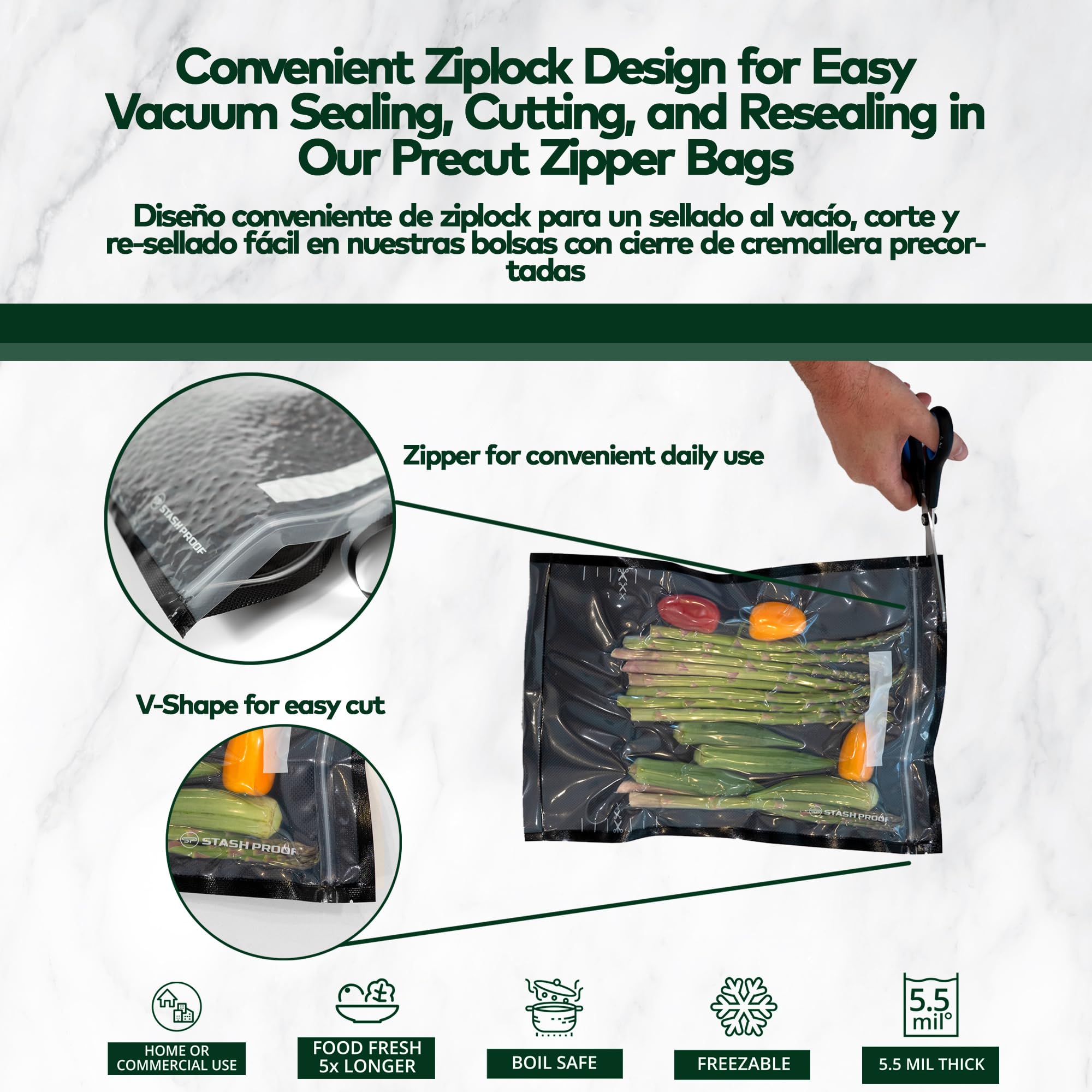 Stash Proof Resealable Zipper Vacuum Seal Bags 11" x 24" (50 Count) 5.5 Mil (Black and Clear) - BPA Free Commerical Grade Food Saver for Storage, Sous Vide, and Meal Prep Sealer Bag