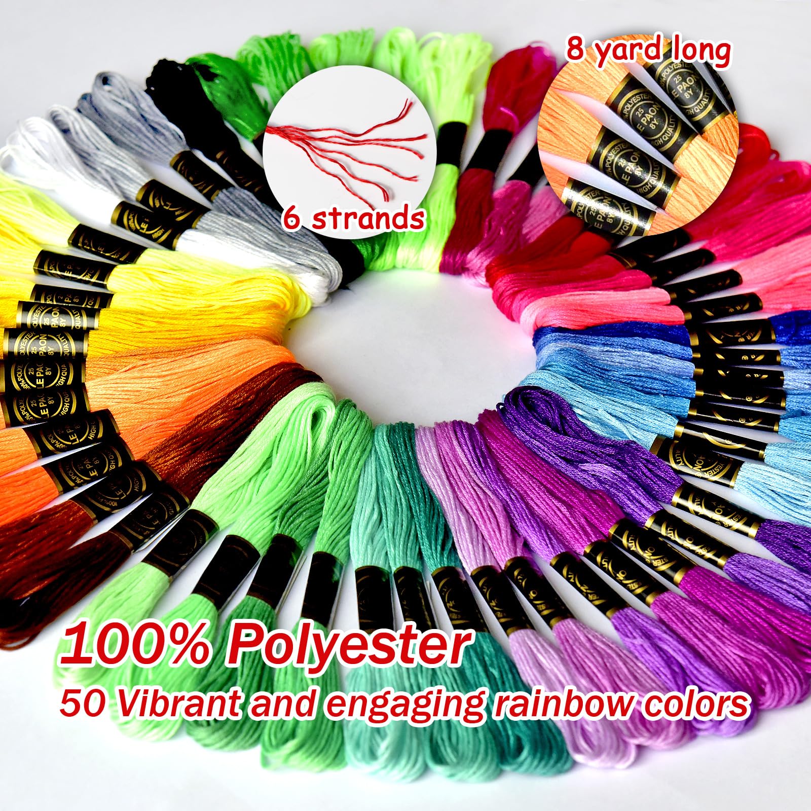 50 Skeins Embroidery Floss Rainbow Color Per Pack Cross Stitch Threads Friendship Bracelets Floss Crafts Floss (50)