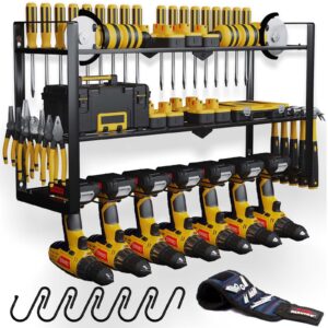 power tool organizer wall mount, drill holder wall mount, heavy duty metal cordless tool organizer for cordless drill, power tool holder rack suitable for workshop, garage (3 tier 7 drill holder)