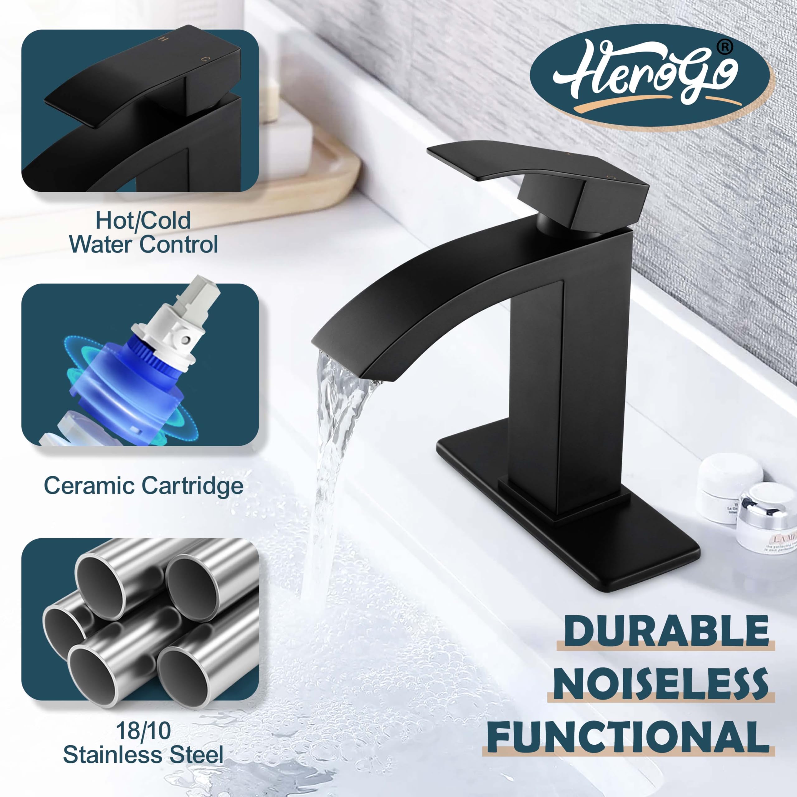 Bathroom Sink Faucet, Herogo Matte Black Waterfall Stainless Steel Sink Faucet with Pop-up Drain, Single Handle Bathroom Faucet with Deck Plate for 1 or 3 Hole RV Bathroom Vanity Lavatory Sinks