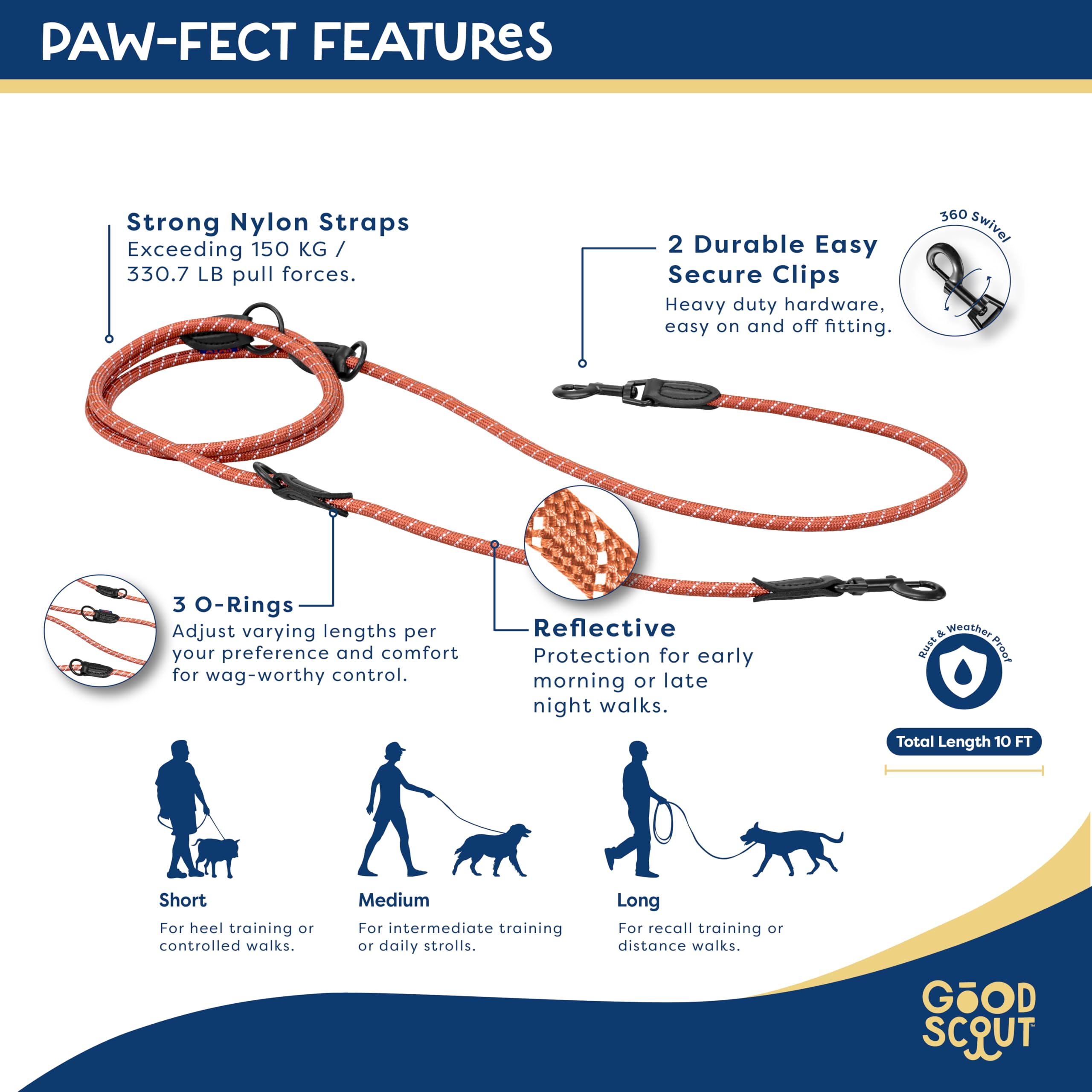 Good Scout 10' Heavy Duty Adjustable Leash for Dogs, Durable Walking & Training Leash for Puppies & Adult Dogs, D-Ring for Waste Bag Storage, Brick