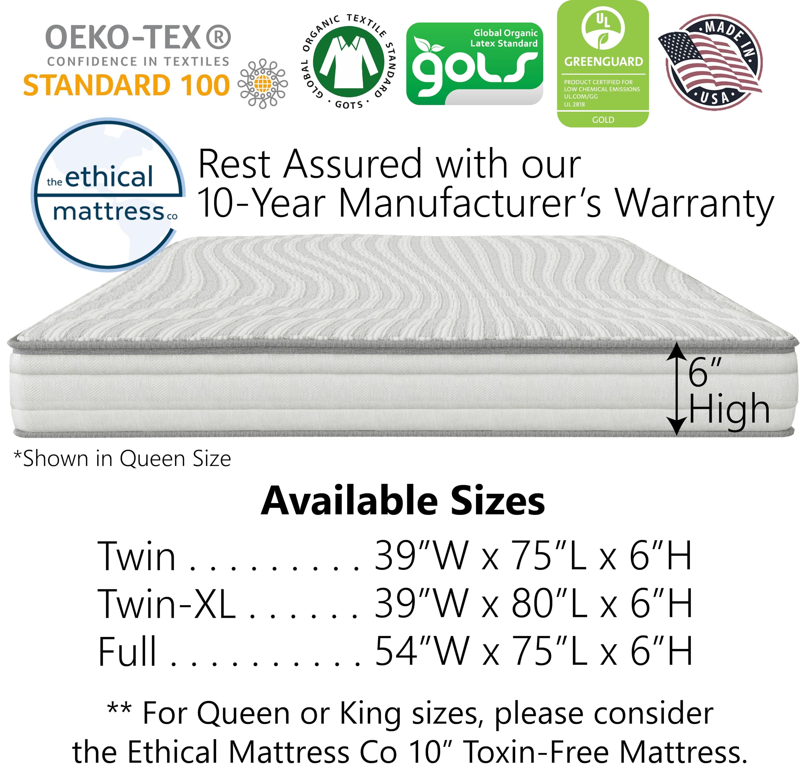 Ethical Mattress CO 6" Kid’s Mattress, Toxin-Free, Made in The USA with Organic Cotton, Wool, Latex & Pocketed Coils (Mattress-in-a-Box); Perfect for bunk beds, trundles & Platform beds - Twin Size