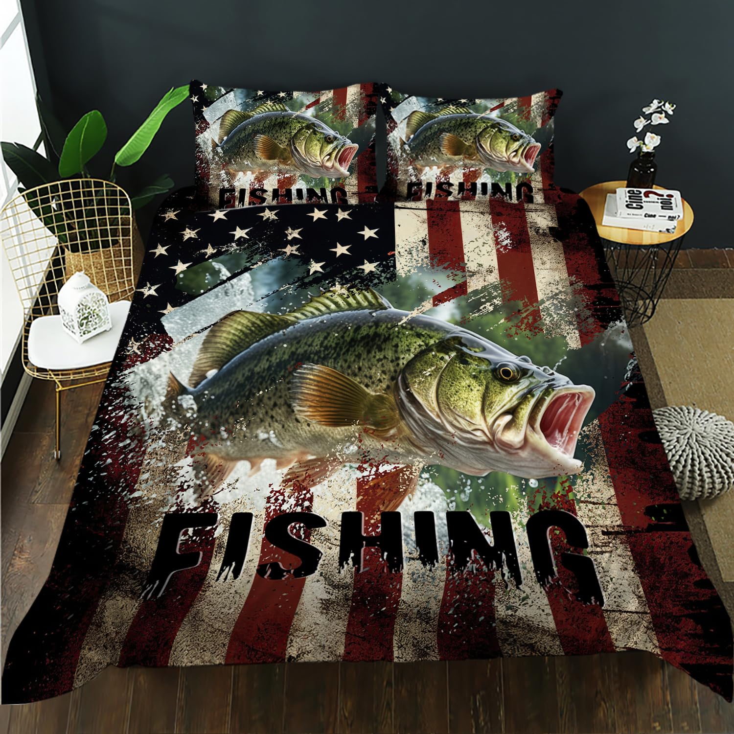 AILONEN Big Pike Fishing Duvet Cover for Boys Teen King Size, Bass Fish American Flag Pattern Bedding Set,Hunting and Fishing Comforter Cover,3 Pieces,1 Quilt Cover and 2 Pillowcases