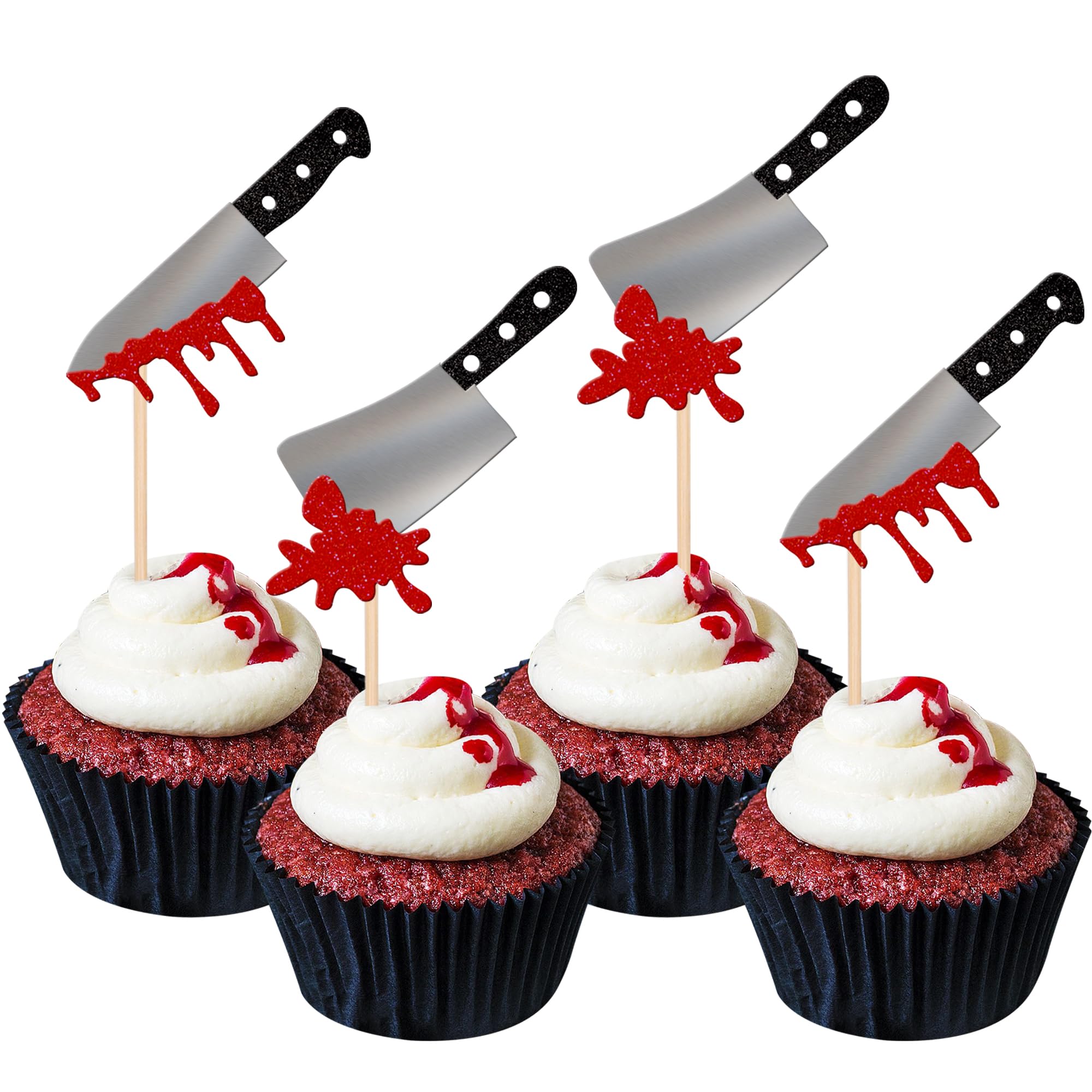 24 PCS Halloween Cupcake Toppers Glitter Horror Blood Knife Cupcake Picks Have a Killer Birthday Cake Decorations for Halloween Blood Knife Theme Birthday Party Supplies