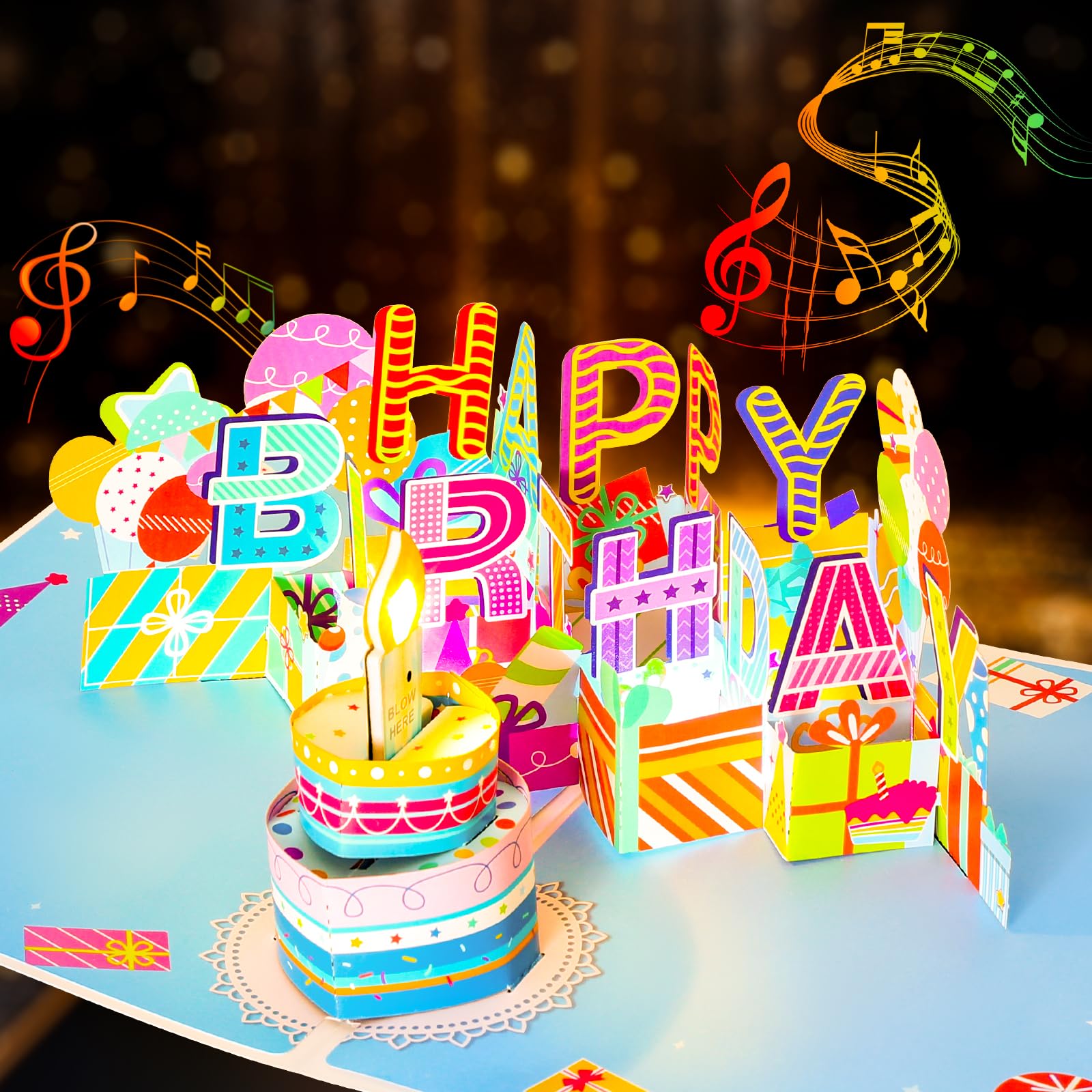 ZOEDO 3D Musical Birthday Pop Up Card, Blow Out LED Light Candle & Music Happy Birthday Card Birthday Greeting Cards with Blank Note Card and Envelope for Kid Husband, Men, Women, Mom