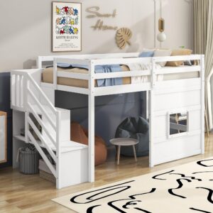 vilrocaz playful design twin size loft bed with storage staircase and window for kids teens boys girls, solid wood low loft bed frame with safety guard rails, space-saving (white-c9)