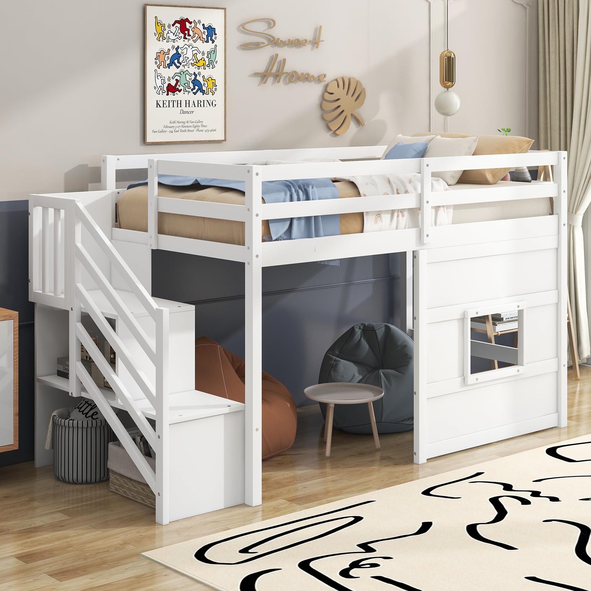 Harper & Bright Designs Low Loft Bed with Stairs, Twin Bed Frame for Kids with Storage, White