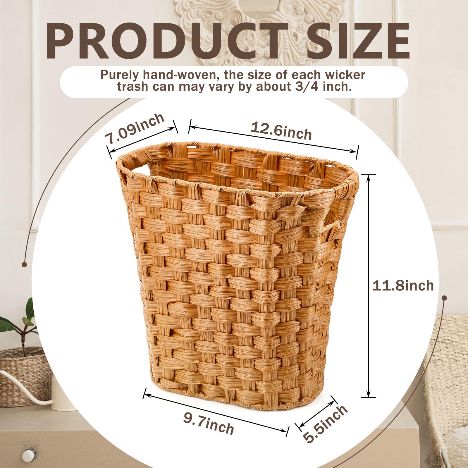 Ziliny 2 Pcs Wicker Trash Can with 50 Small Trash Bag Wicker Waste Woven Basket with Handles Clear Multi Use Garbage Bags for Bathroom Kitchen Bedroom