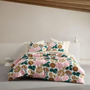 marimekko - king duvet cover set, organic cotton bedding with matching shams, bold floral home decor, gots certified (pieni kukkatori pink, king)