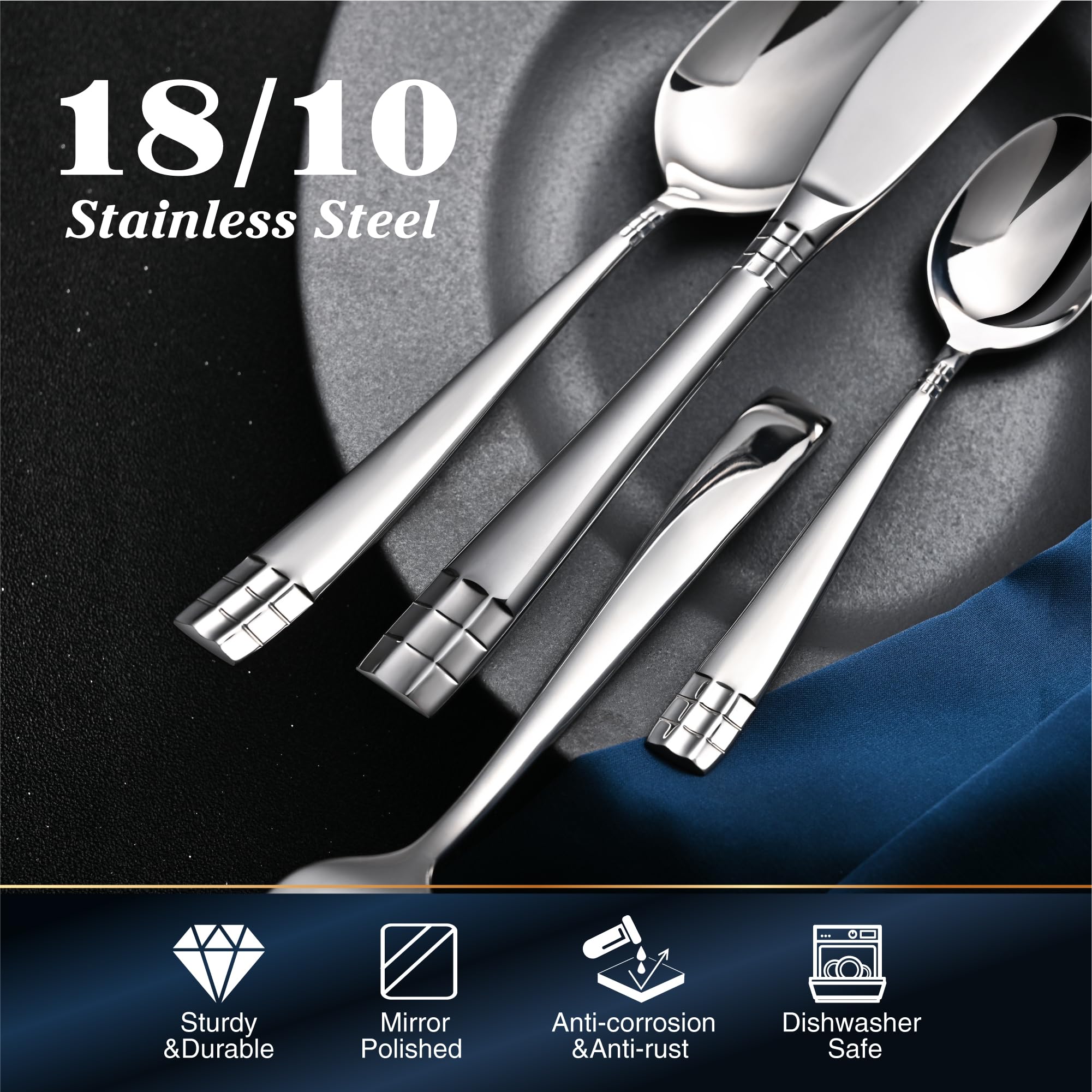 KINGSTONE Flatware Set, 30 Piece Luxury Silverware Set for 6, 18/10 Stainless Steel Cutlery with European Design, Pure Hand Mirror Polished, Dishwasher Safe