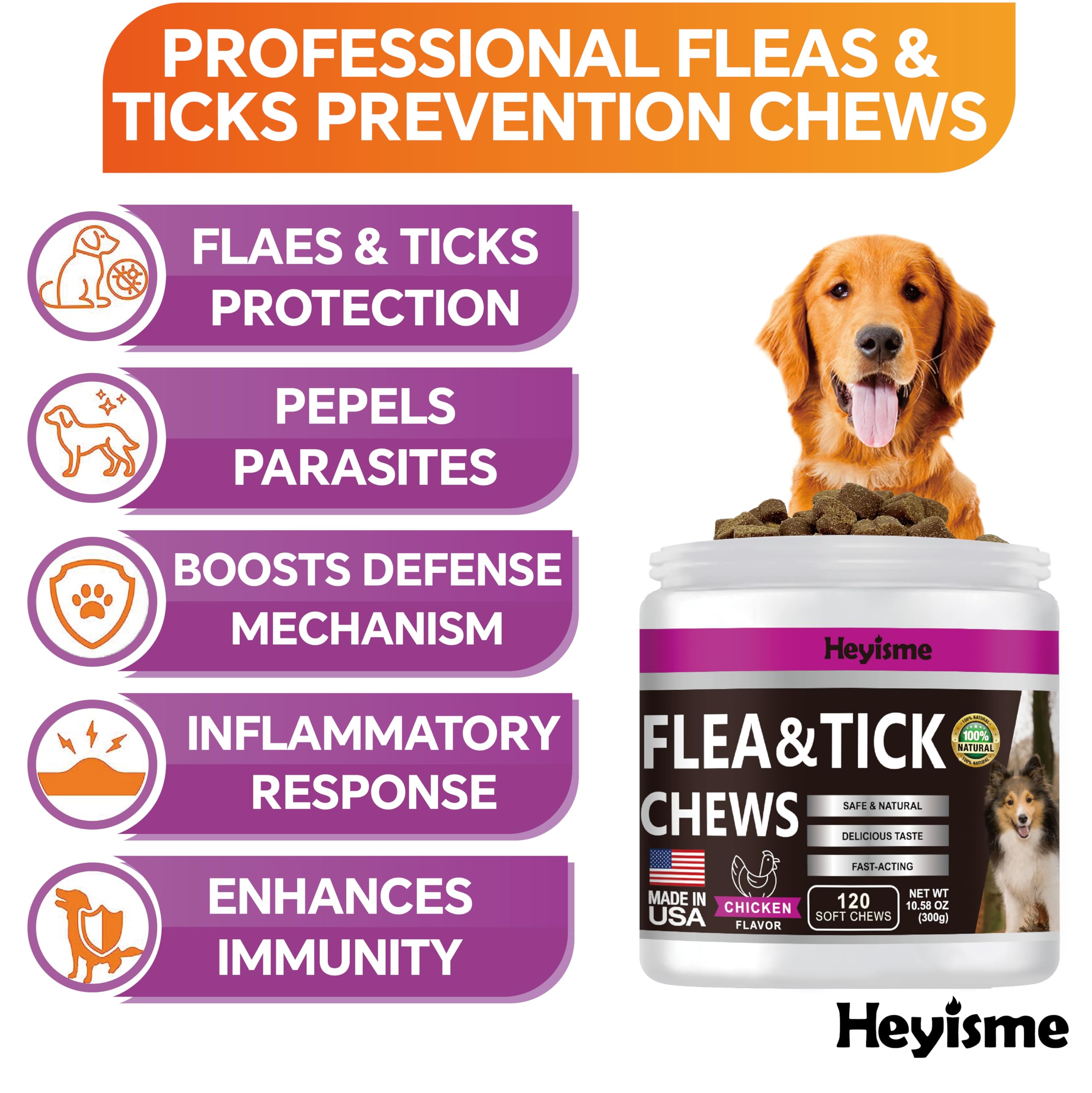 HEYISME Flea and Tick Prevention for Dogs Chewables, Natural Dog Flea and Tick Control Supplement, Flea Treatment for Dogs, Oral Flea and Tick Chews Treats for All Breeds and Ages (Chicken, 120 Chews)