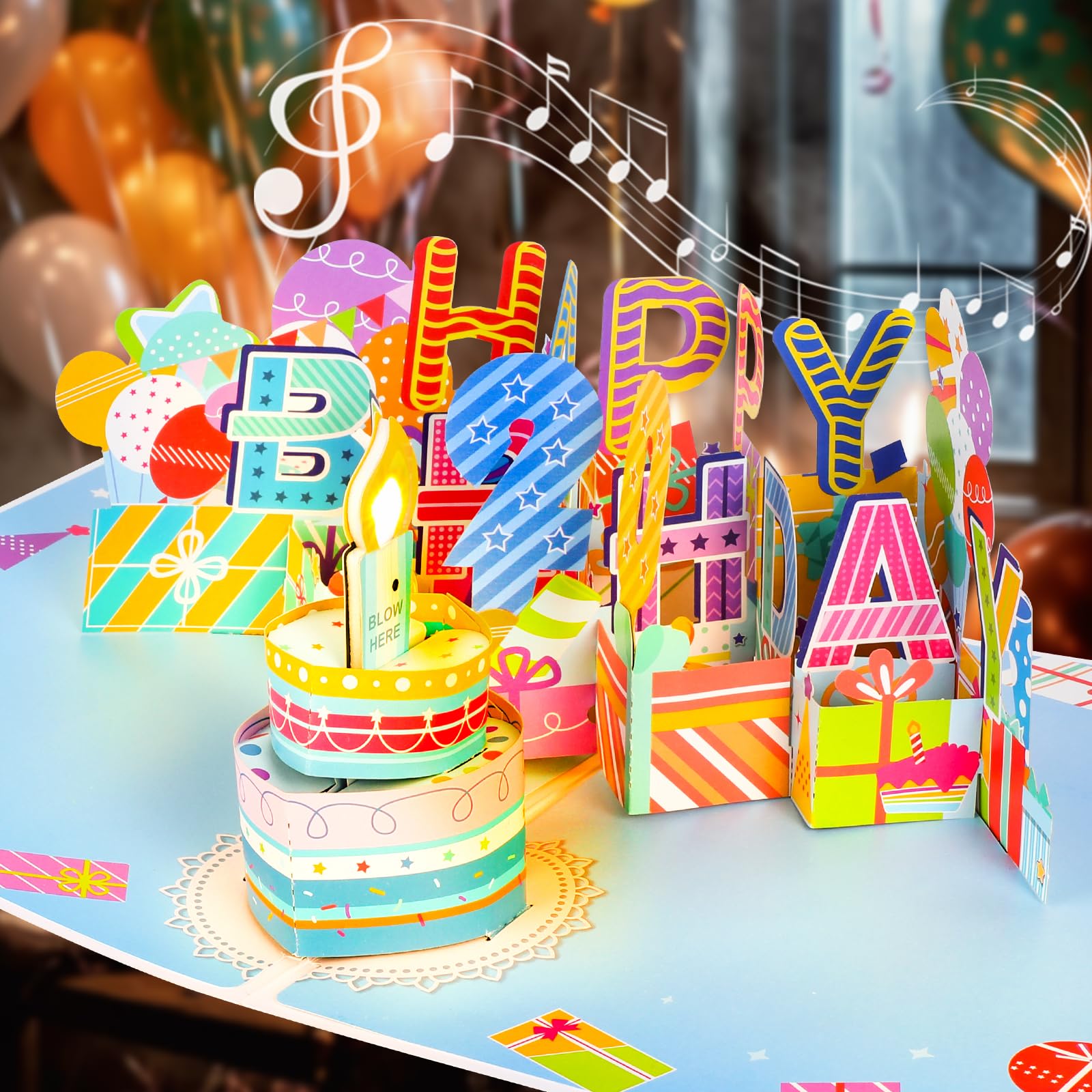 ZOEDO 3D Musical Birthday Pop Up Card, Blow Out LED Light Candle & Music Happy Birthday Card Birthday Greeting Cards with Blank Note Card and Envelope for Kid Husband, Men, Women, Mom