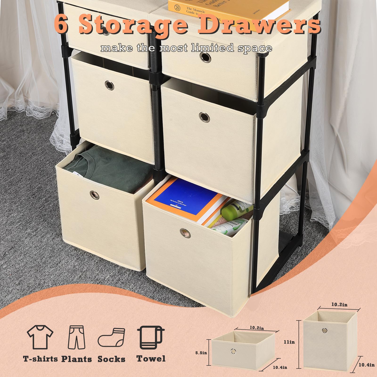 MOOACE 6 Drawers Storage Organizer, Fabric Storage Drawers Dresser and Chest of Drawers, Small Dresser Cube Storage Shelf for Closets Living Room Hallway Entryway