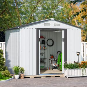 jaxpety outdoor storage shed - galvanized metal tool shed outdoor garden shed with 2 sliding lockable doors for garden patio backyard lawn (white, 8'x8')