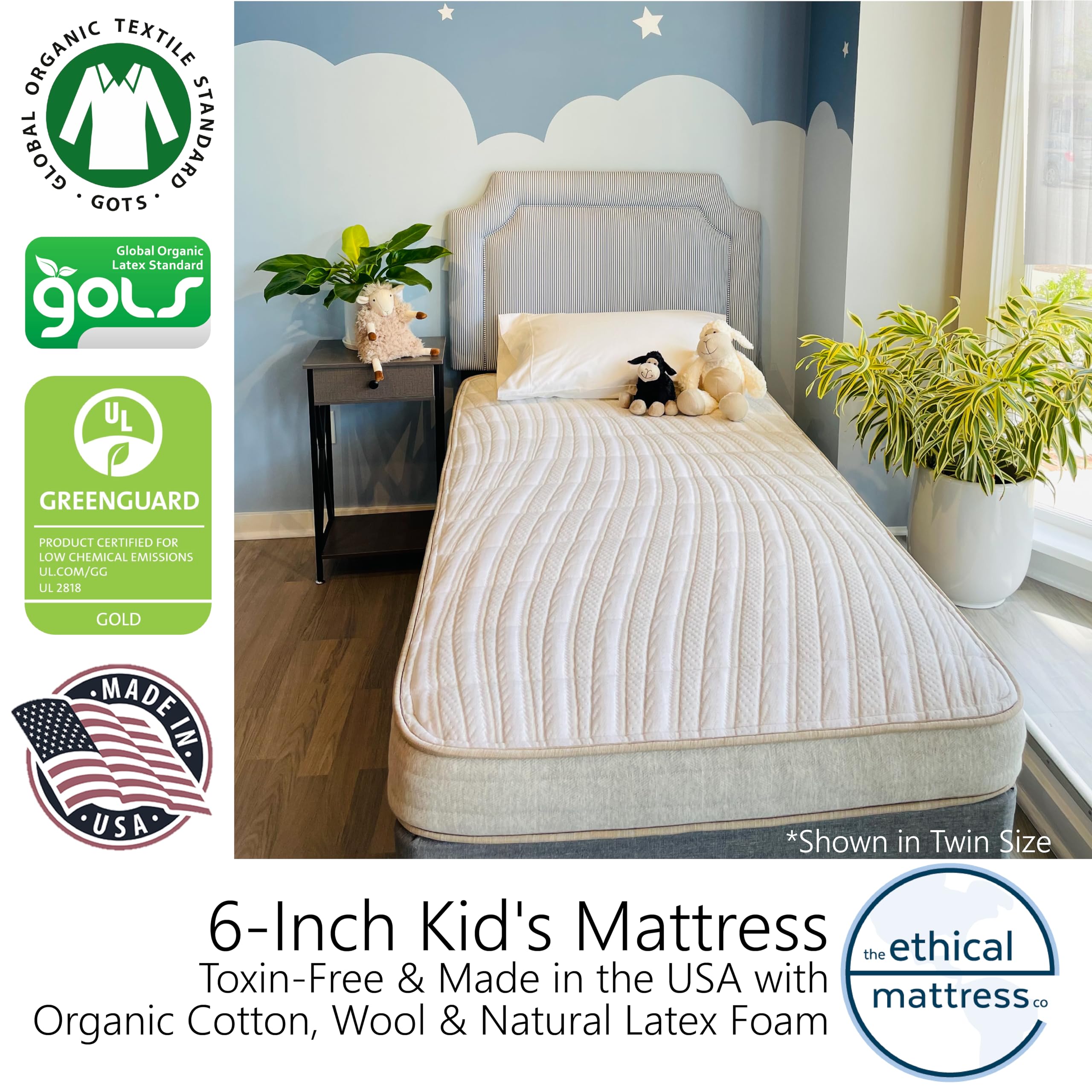 Ethical Mattress CO 6" Kid’s Mattress, Toxin-Free, Made in The USA with Organic Cotton, Wool, Latex & Pocketed Coils (Mattress-in-a-Box); Perfect for bunk beds, trundles & Platform beds - Twin Size