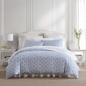 laura ashley - king duvet cover set, cotton sateen bedding with matching shams, elegant & silky-smooth home decor (lorelei blue, king)