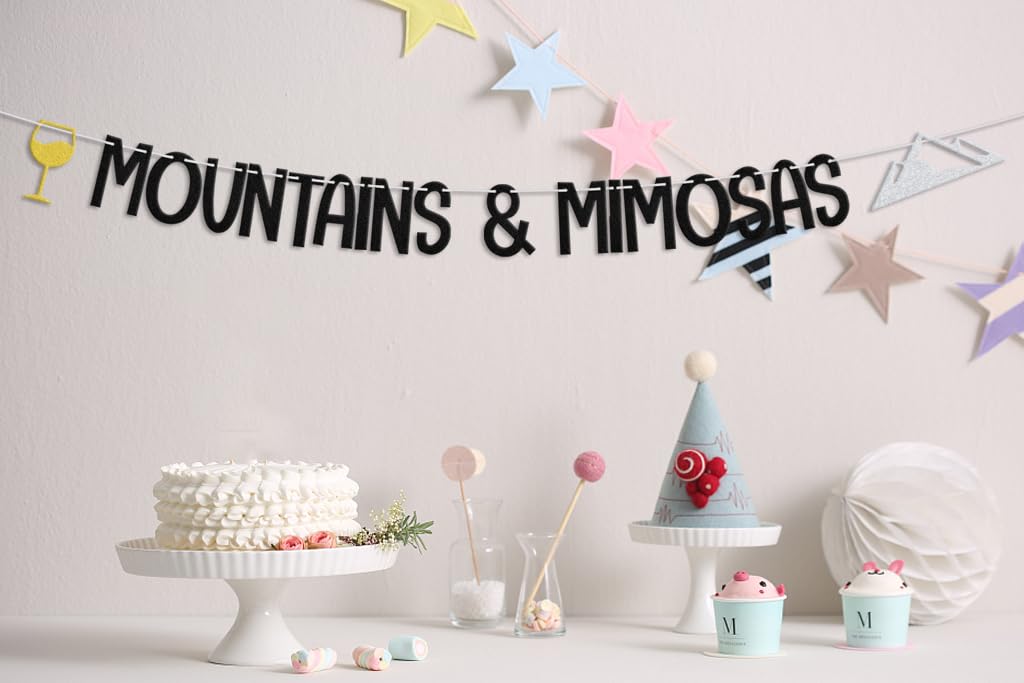 Mountains & Mimosas Banner, Mountain Bachelorette Party Decorations, Cabin Camping Bridal Shower Engagement Wedding Party Supplies Black Silver